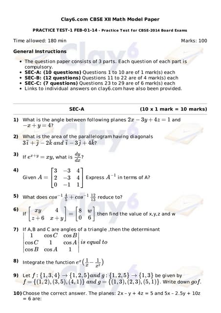 Cbse 12 Class Maths Sample Papers Model 4 | PDF