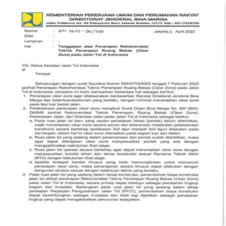 CLEAR ZONE Surat Dirjen Bina Marga Perihal Tanggapan atas Penerapan ...