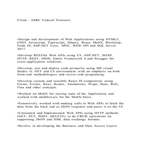 Client ASRC Federal Vistronix•Design and development o | DOCX