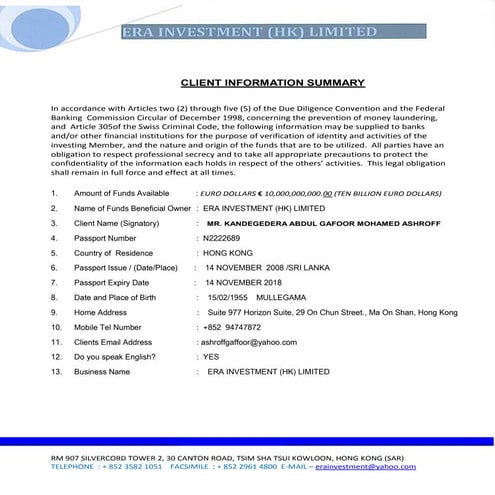 CLIENT INFORMATION SUMMARY OF ERA INVESTMENTS HK LIMITED | PDF