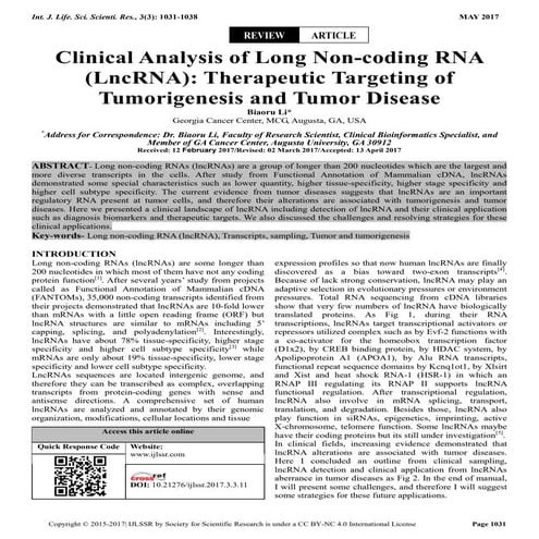 Clinical Analysis of Long Non-coding RNA (LncRNA): Therapeutic ...