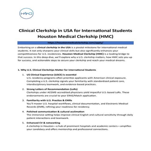Clinical Clerkship in USA for International Students Houston Medical ...
