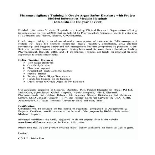 Pharmacovigilance Training in Oracle Argus Safety Database with Project ...