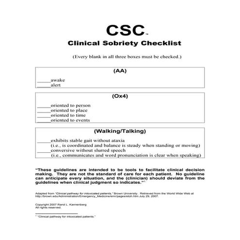 Clinical Sobriety Checklist by Rand L. Kannenberg | DOC