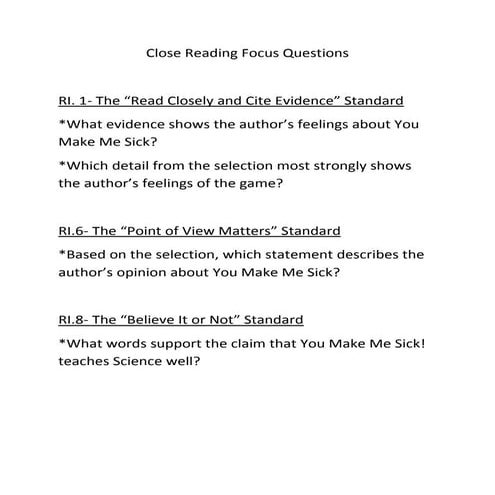 You Make Me Sick- Close Reading Focus Questions | DOCX