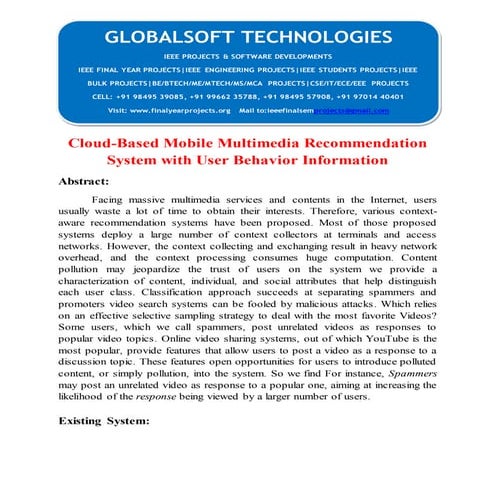 IEEE 2014 JAVA CLOUD COMPUTING PROJECTS Cloud based mobile multimedia recommendation system with ...