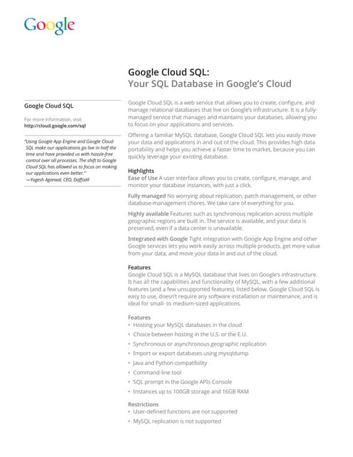 Cloud sql datasheet | PDF Cloud sql datasheet | PDF