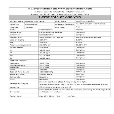 (Clover™) coa billberry fruit extract | PDF