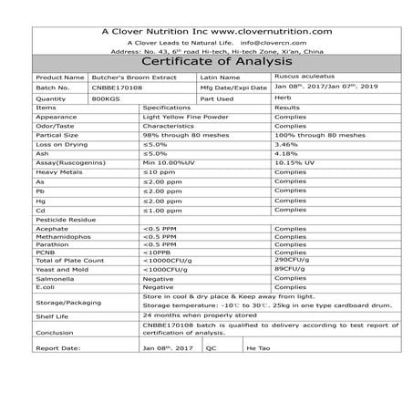 (Clover™) coa butcher's broom cnbbe170108 | PDF