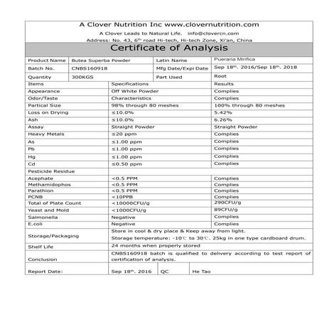 (Clover™) coa of butea superba root powder | PDF