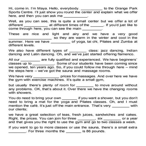 Cloze activity | DOCX | Fitness and Exercise | Healthy Living