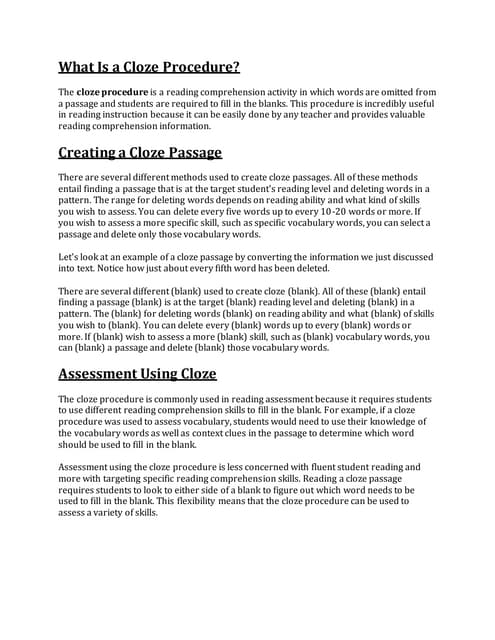 Cloze test and c test | PPT | Standardized Testing | Educational Assessment