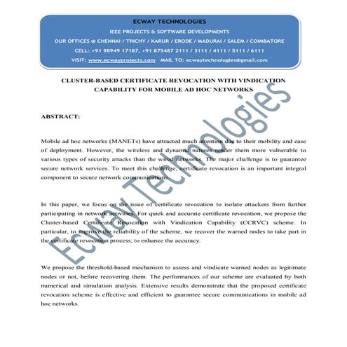 Cluster based certificate revocation with vindication capability for mobile ad hoc networks | PDF