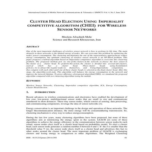 Cluster head election using imperialist competitive algorithm (chei) for wireless sensor ...