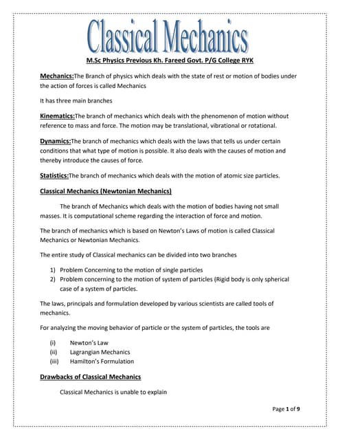 Detailed ppt on classical mechanics Central force ppt | PPTX