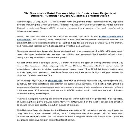 CM Bhupendra Patel Reviews Major Infrastructure Projects at Dholera ...