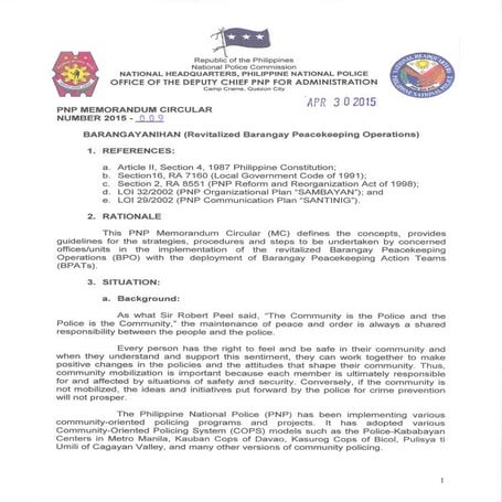 PNP MC 2015-009 - REVITALIZED BARANGAY PEACEKEEPING OPERATIONS | PDF