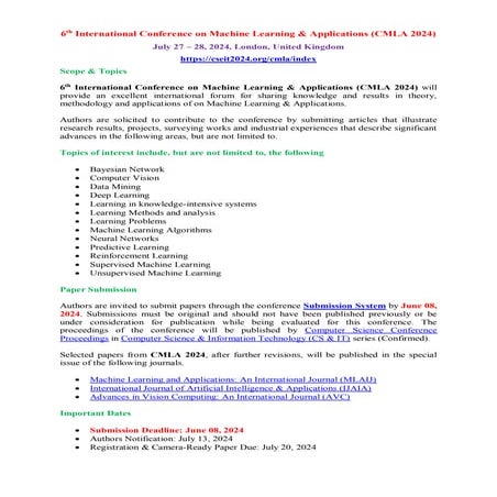 7th International Conference on Machine Learning & Applications (CMLA 2025) | PDF
