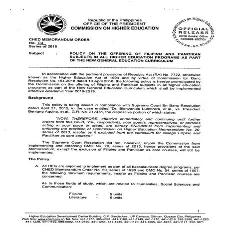 CHEd Memorandum Order No. 20 s2013 - General Education Curriculum | PDF