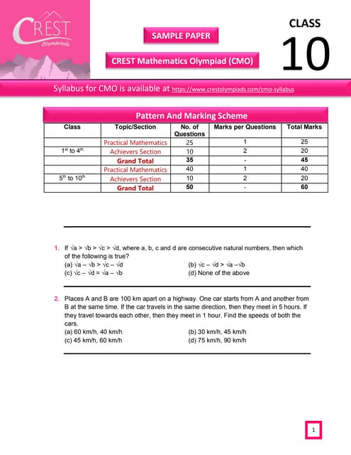 CRO Olympiad Exam Sample Paper for Class 8. | PDF