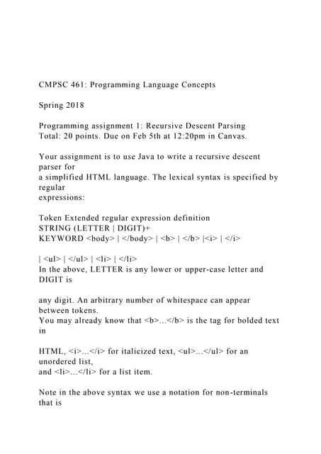 Cmpsc 461 Programming Language Conceptsspring 2018pro Docx