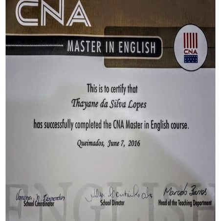 CNA Certificate: Master in English | Thayane Lopes | PDF