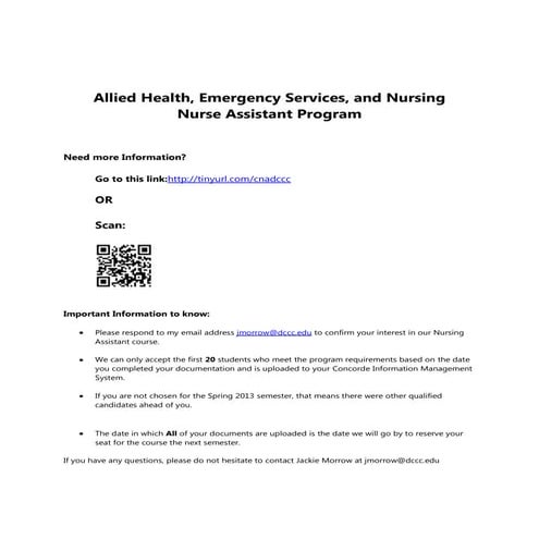 DCCC Nursing Assistant Program | DOCX | College Education | Education