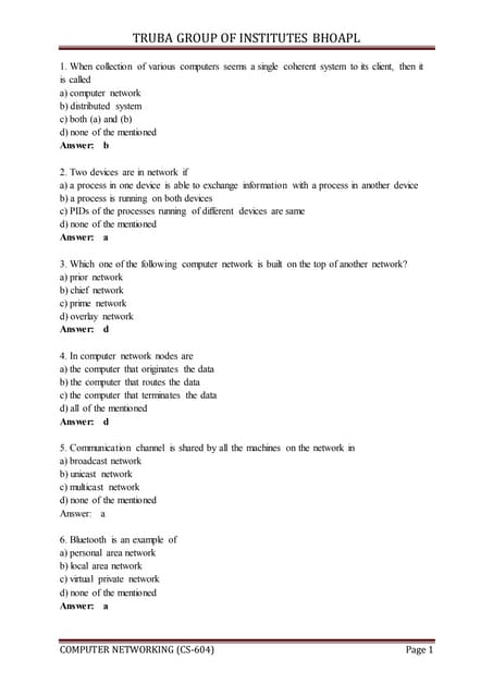 Computer Networking Mcq Network Topology Question Pdf