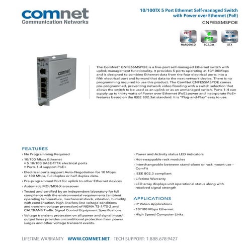 ComNet CNFE5SMSPOE Data Sheet | PDF