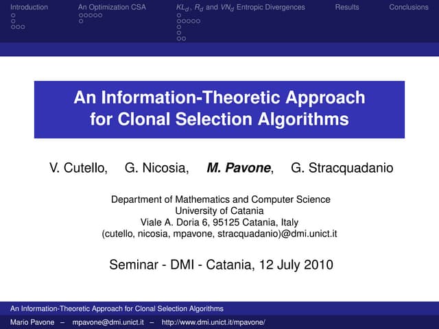 An Information Theoretic Approach For Clonal Selection Algorithms Ppt