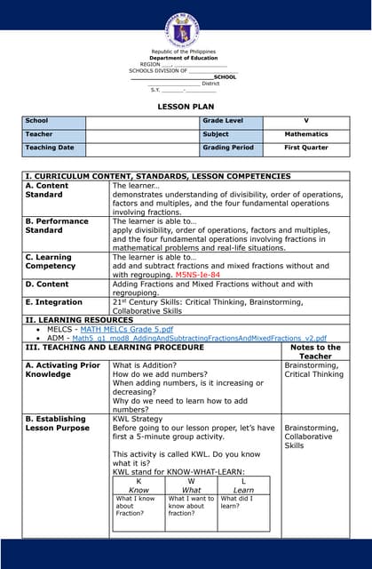COT LESSON PLAN ADDING AND SUBTRACTING SIMILAR FRACTIONS - EXPLICIT | PDF