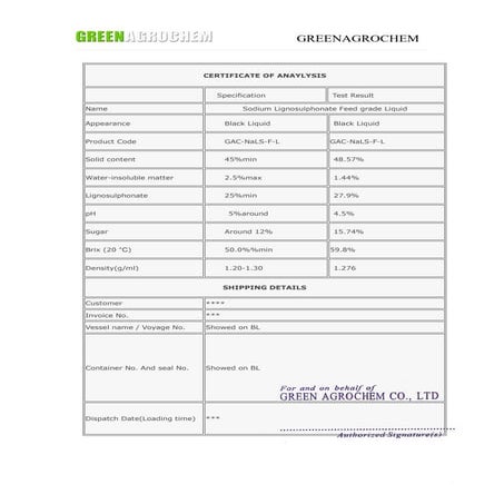 Sodium Lignosulfonate Feed Grade COA | PDF