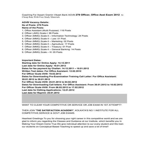 Coaching for assam gramin vikash bank agvb 279 officer, office asst ...