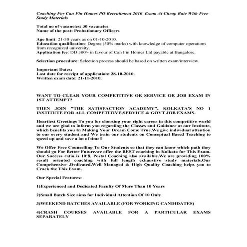 Coaching for can fin homes po recruitment 2010 exam at cheap rate with ...