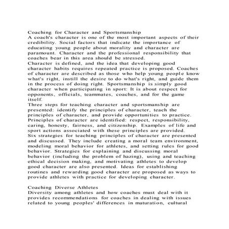 Coaching for Character and SportsmanshipA coachs character is o | DOCX
