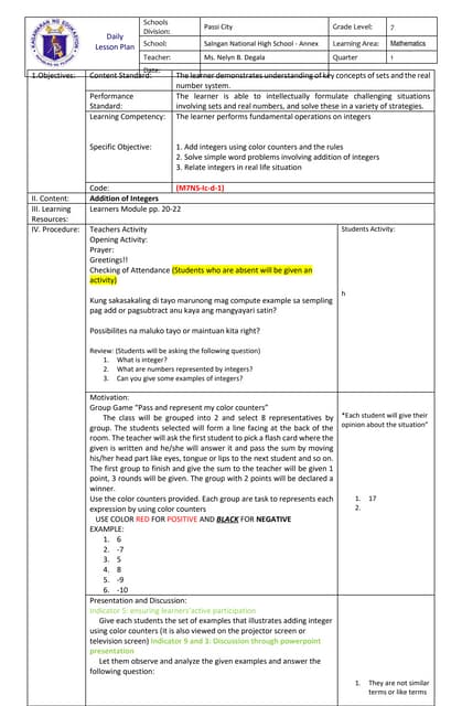 Integer Lesson Plan | DOCX