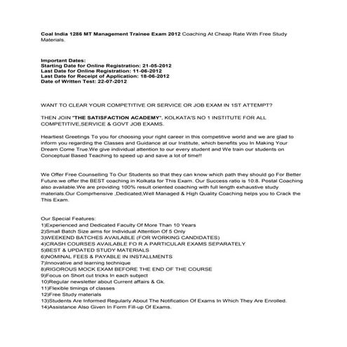 Coal india 1286 mt management trainee exam 2012 coaching at cheap rate ...
