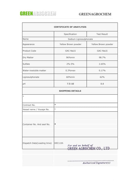 Coa of calcium lignosulfonate | PDF | Chemistry | Science