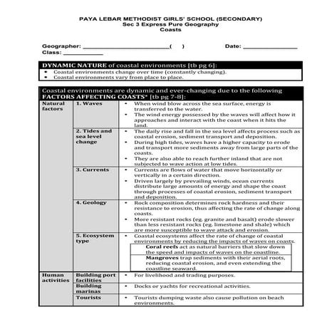 S3 GE Notes - Coasts | PDF