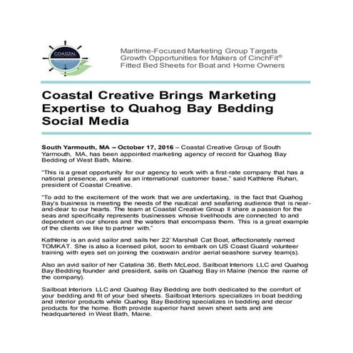Coastal Creative Brings Marketing Expertise to Quahog Bay Bedding | DOCX