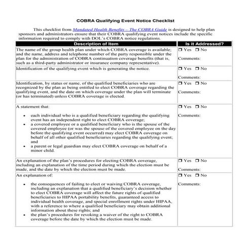 COBRA qualifying event notice checklist | PDF