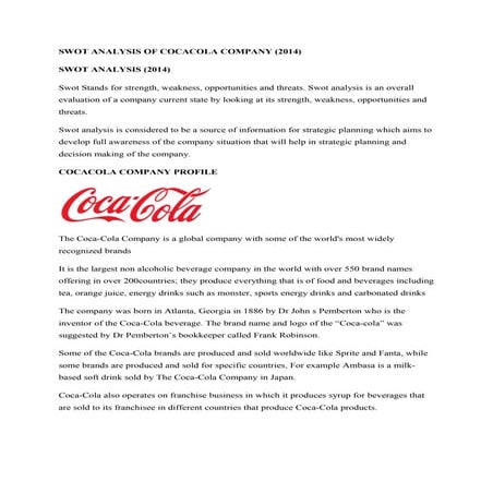 Cocacola swot analysis slideshare 2014 | DOC