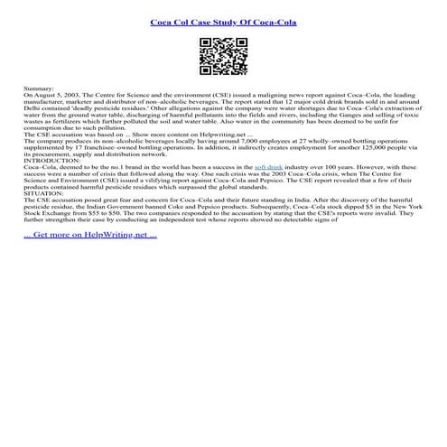 Coca Col Case Study Of Coca-Cola | PDF | Recalls | Consumer Issues