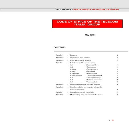 Code of Ethics of the Telecom Italia Group - May 2010 | PDF