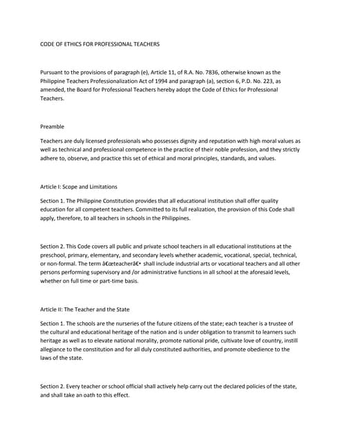 The code of ethics for professional teachers | PPTX