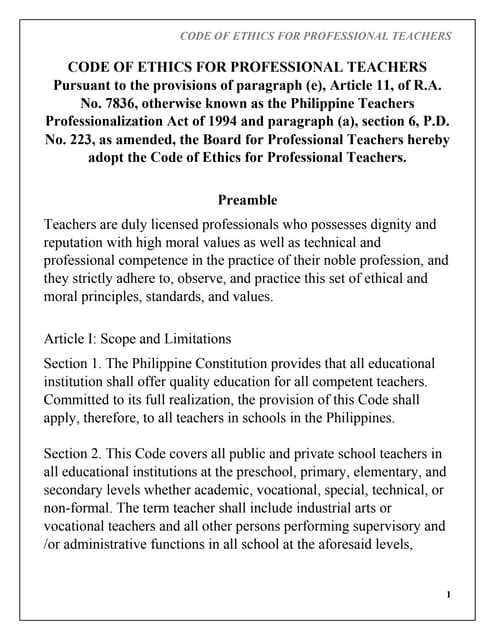 The code of ethics for professional teachers | PPTX | Professional ...