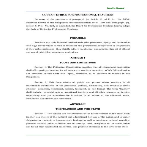 Code of ethics for professional teachers (1) | PDF