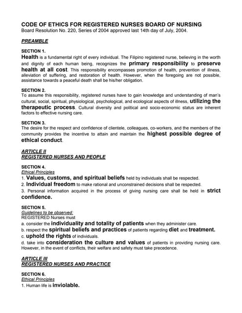 Code of Ethics for Filipino Nurses | PPT