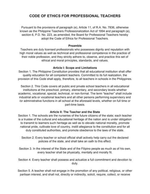 Code of Ethics for Teaching Profession | PDF