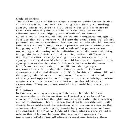 Code of EthicsThe NASW Code of Ethics plays a very valuable les | DOCX